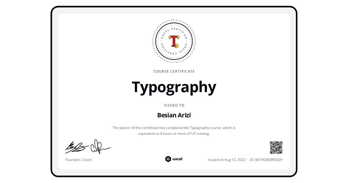 Certificate of completion for Typography | Uxcel